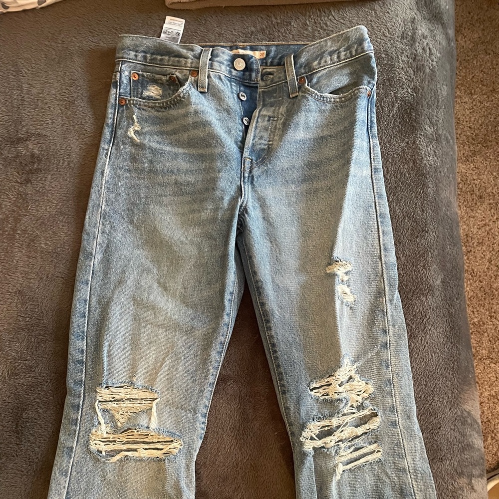 Levi’s Premium Light Wash Ripped Wedgie Straight Jean… - Gem